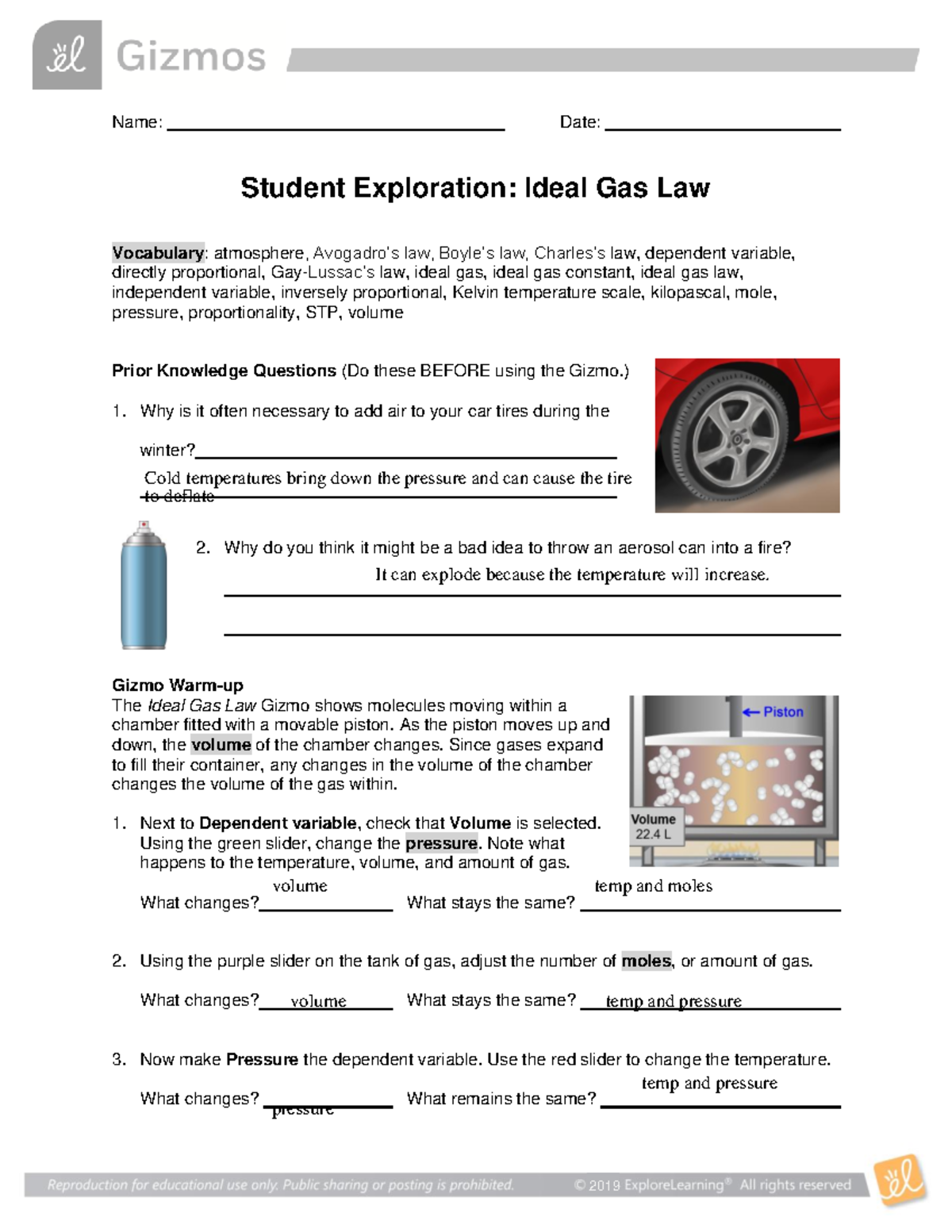 Ideal Gas Law SE - Name: Date: Student Exploration: Ideal Gas Law ...