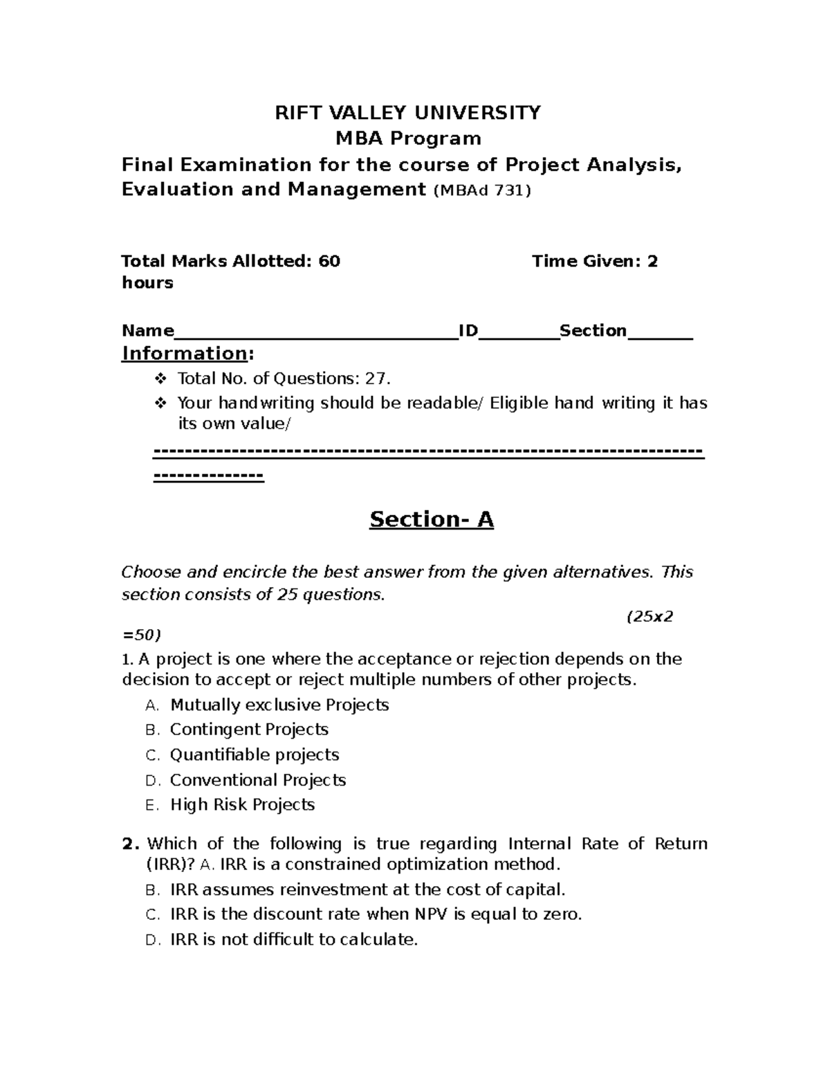 Project Mgt Final Examination 2 - RIFT VALLEY UNIVERSITY MBA Program ...