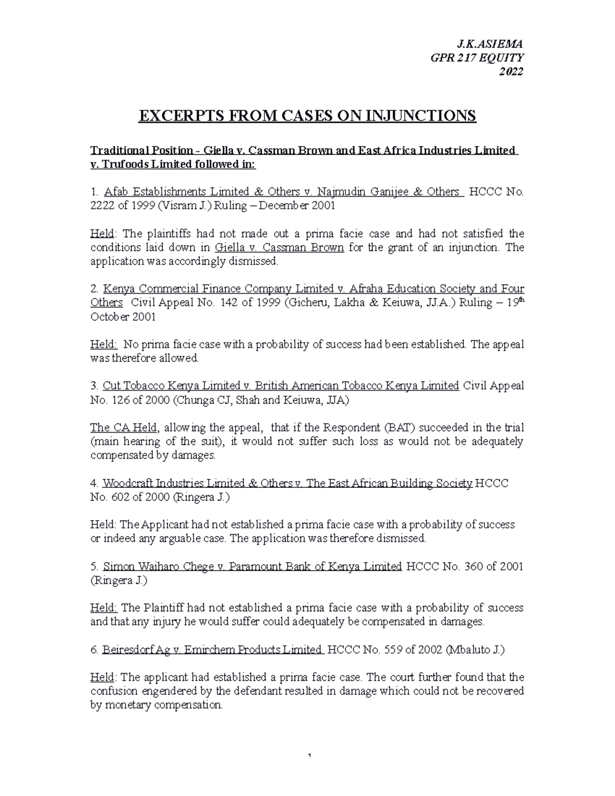 Excerpts Cases ON Injunctions - GPR 217 EQUITY 2022 EXCERPTS FROM CASES ...