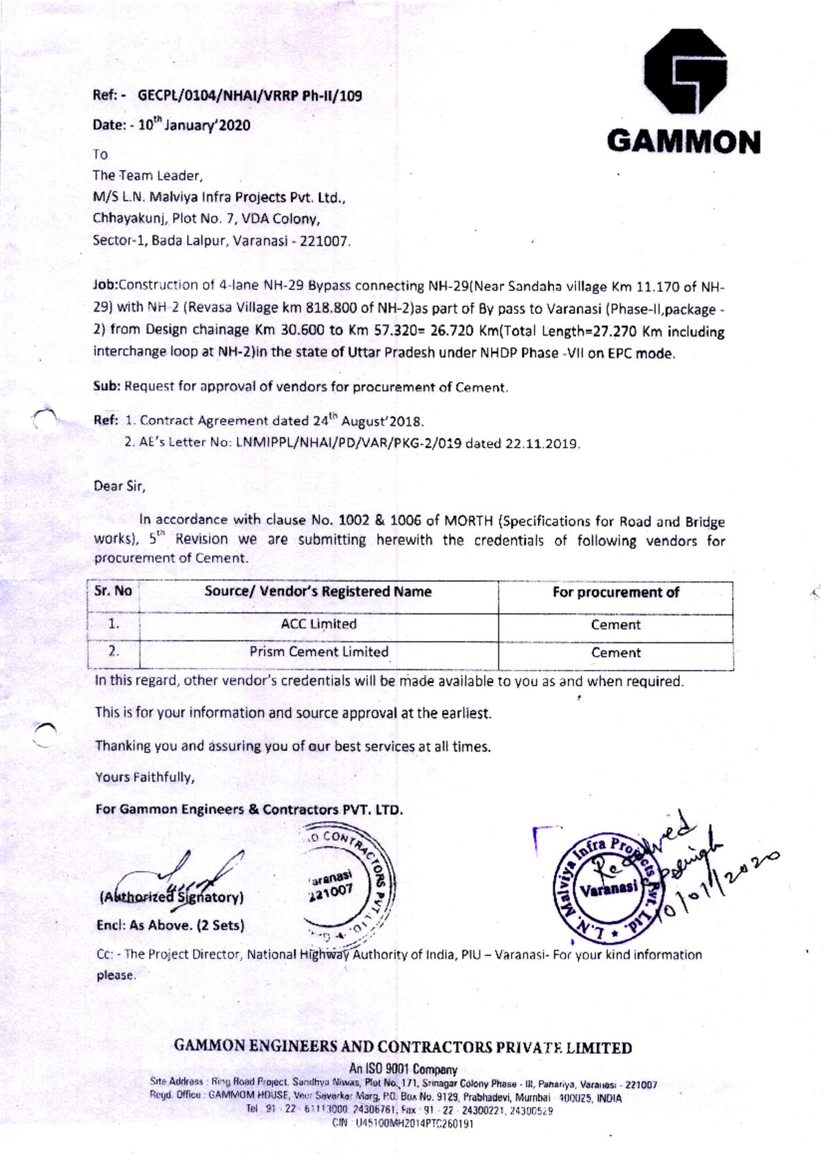 0104 O 01 109 Request for approval of vendors for procurement of cement ...
