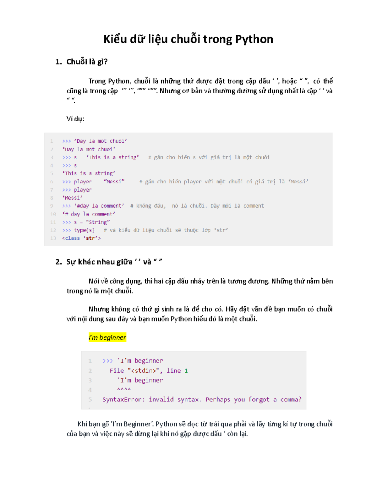 Phiếu 3 lý thuyết - none - Kiểu dữ liệu chuỗi trong Python 1. Chuỗi là ...