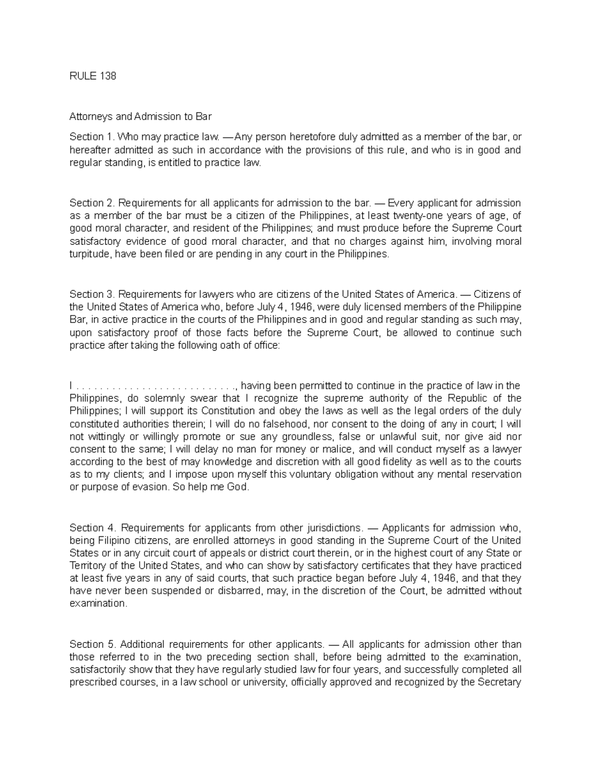 RULE 138 - nnnn - RULE 138 Attorneys and Admission to Bar Section 1 ...