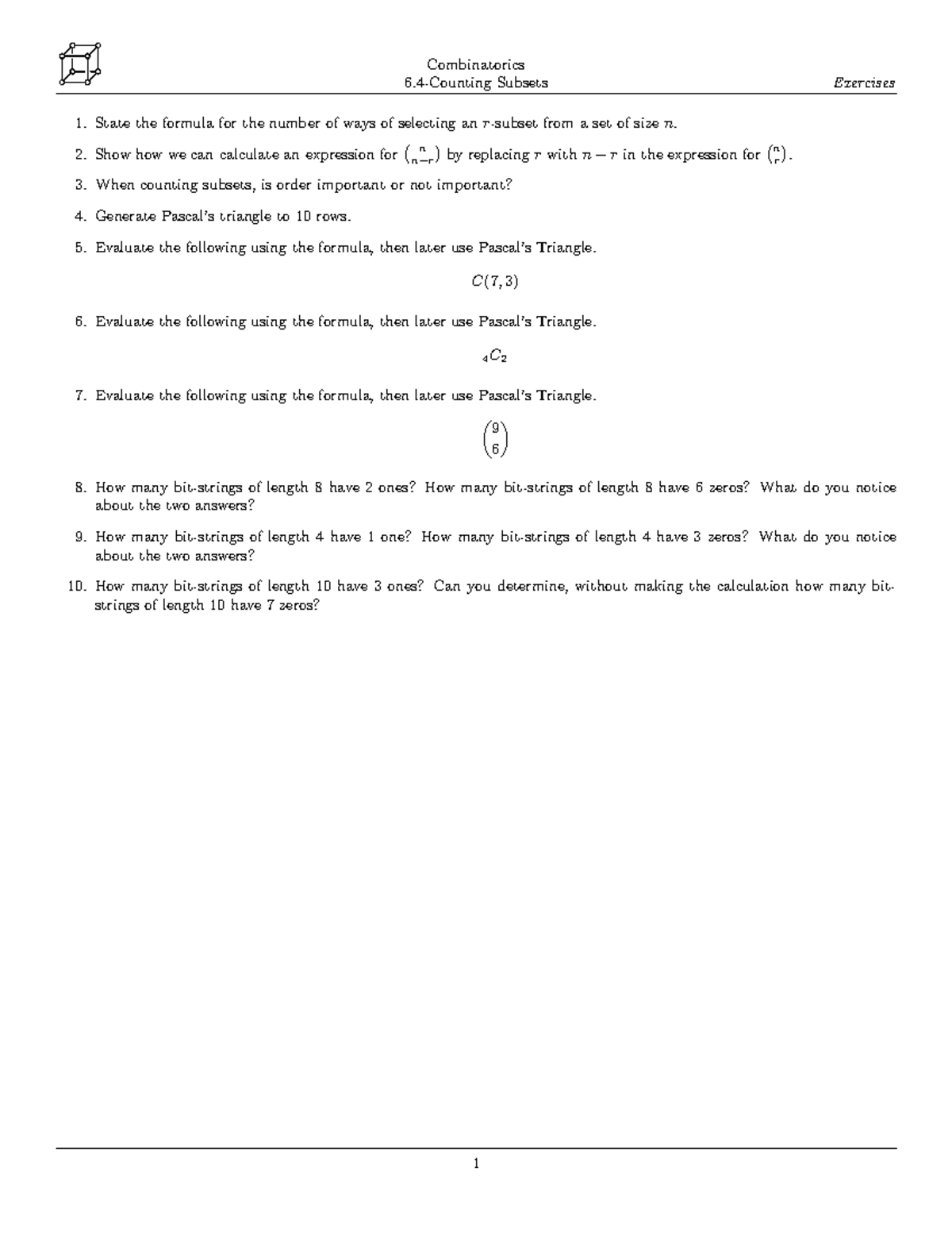 6 - Practice - Combinatorics 6-Counting Subsets Exercises State the ...