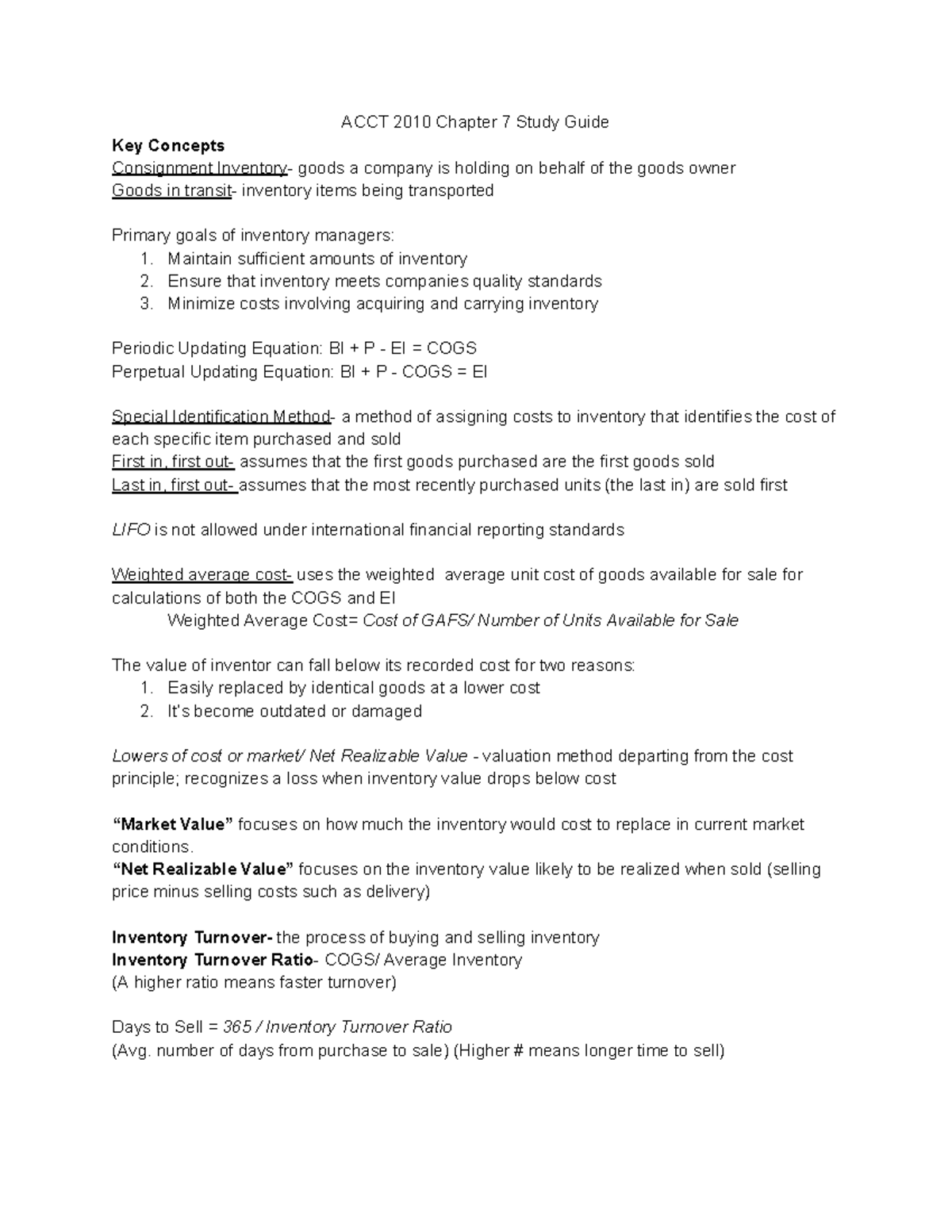 ACCT 2010 Chapter 7 Study Guide ACCT 2010 Chapter 7 Study Guide Key