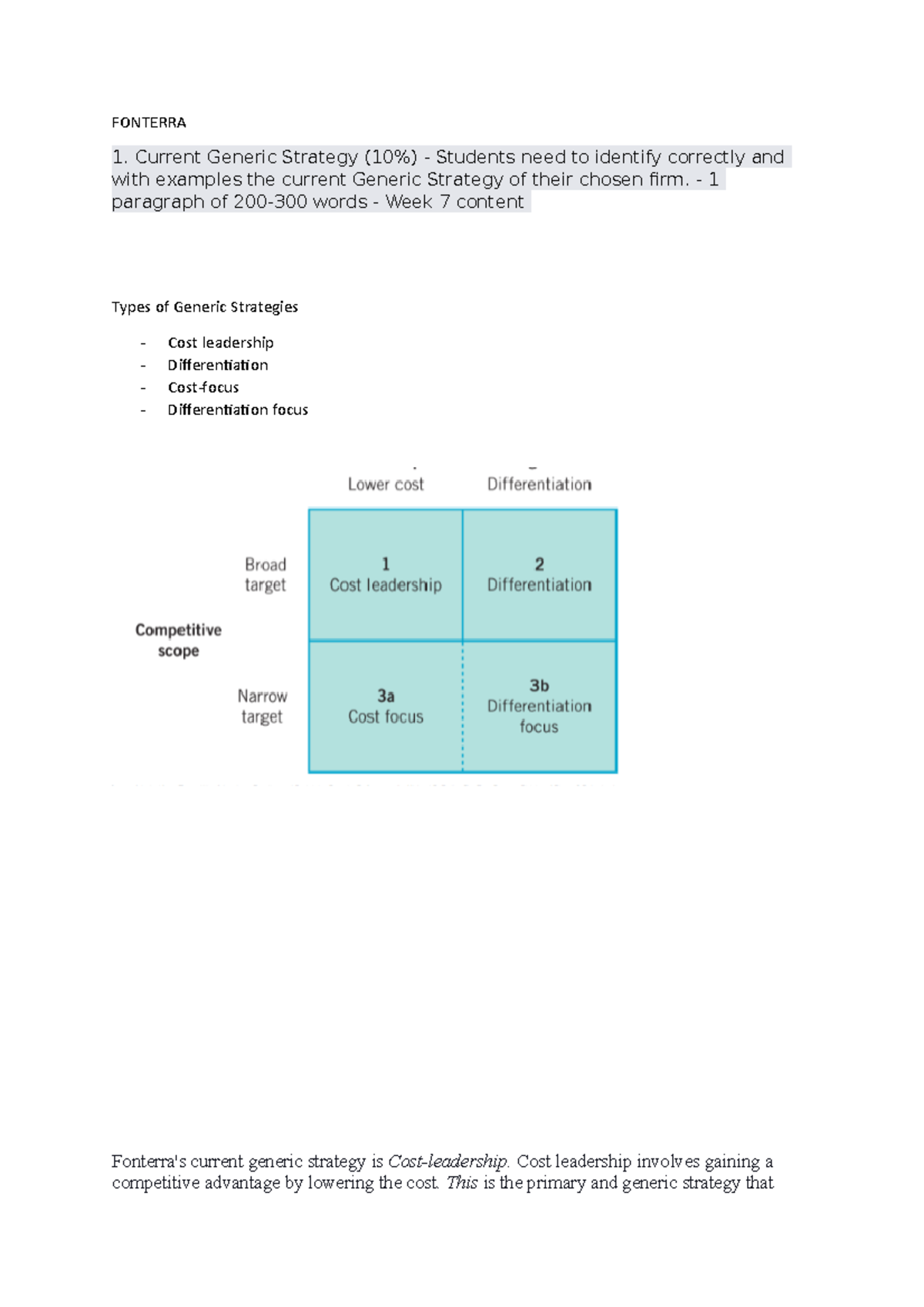 Draft for Practice Material - FONTERRA Current Generic Strategy (10% ...