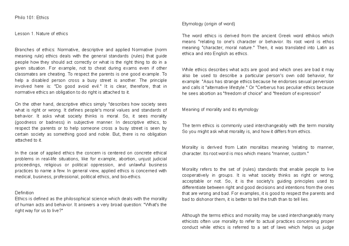 Philo - Lecture - Philo 101: Ethics Lesson 1. Nature of ethics Branches ...
