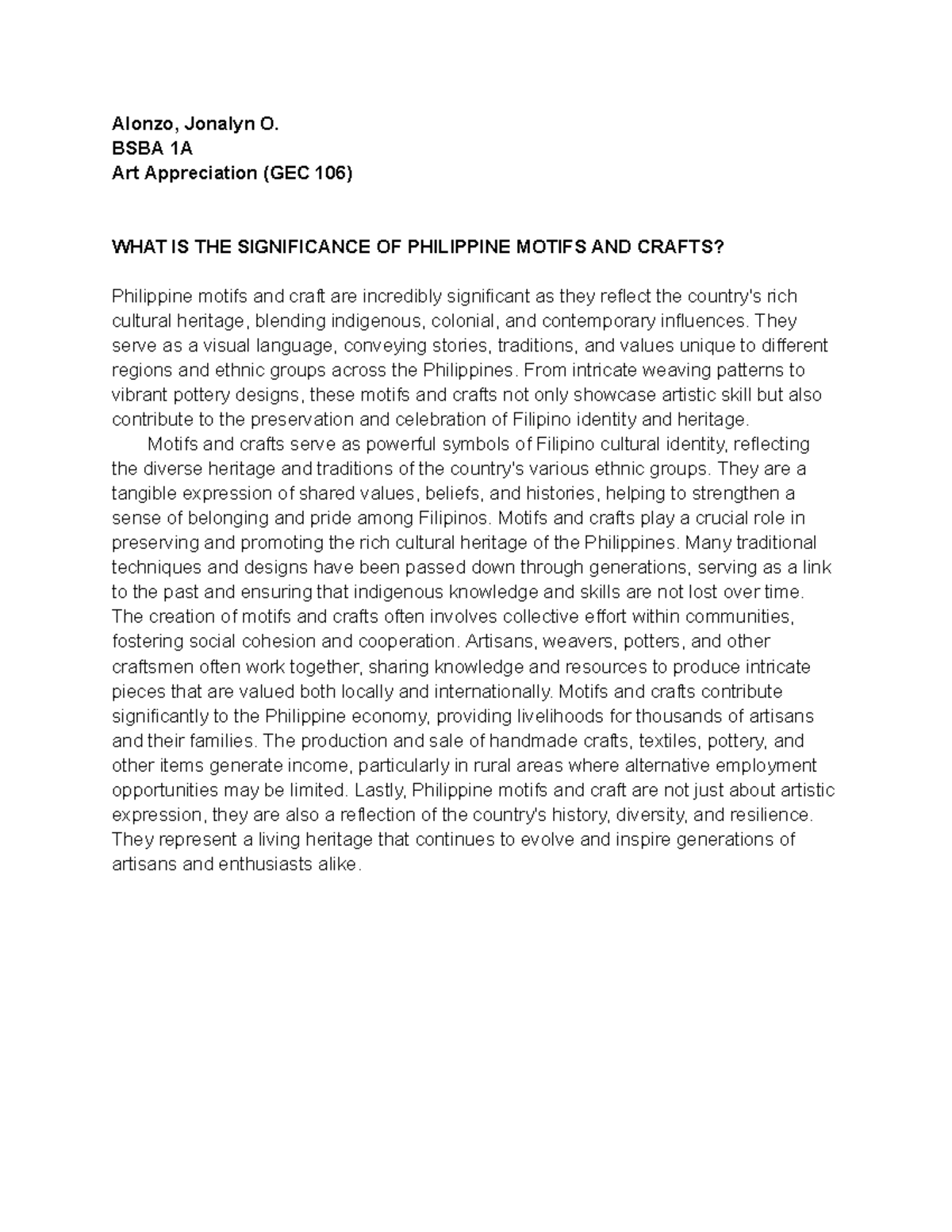 Alonzo Jonalyn O - BSBA 1A Art Appreciation (GEC 106) WHAT IS THE ...