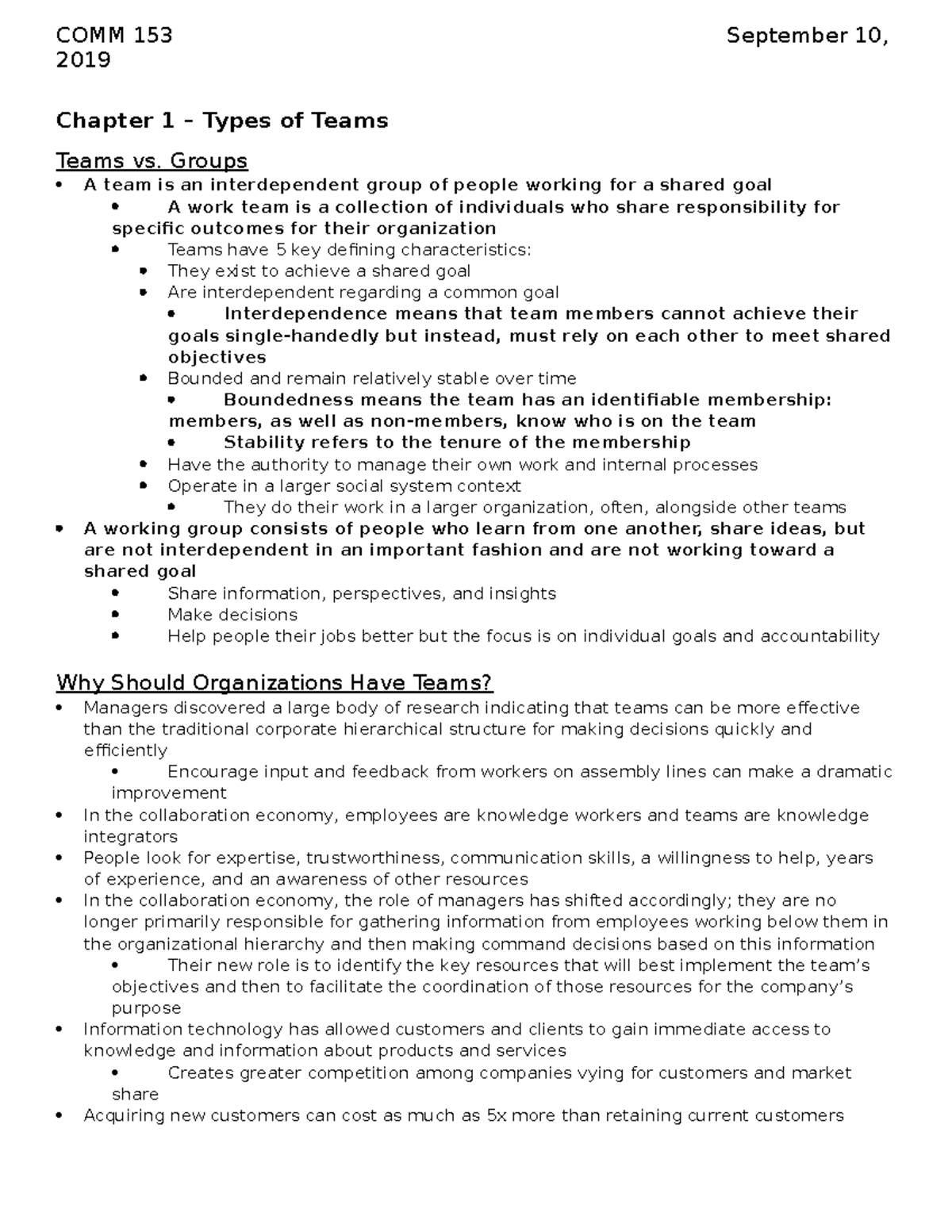 Chapter 1 - Summary Making the Team - 2019 Chapter 1 – Types of Teams ...