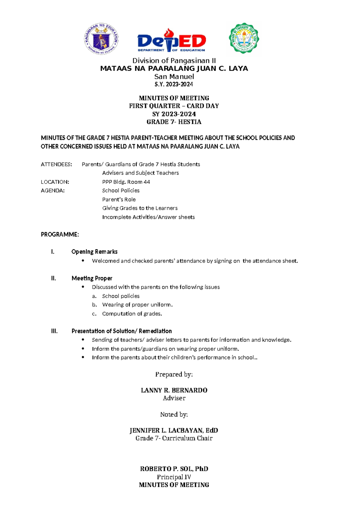 Minutes of meeting - Division of Pangasinan II MATAAS NA PAARALANG JUAN ...