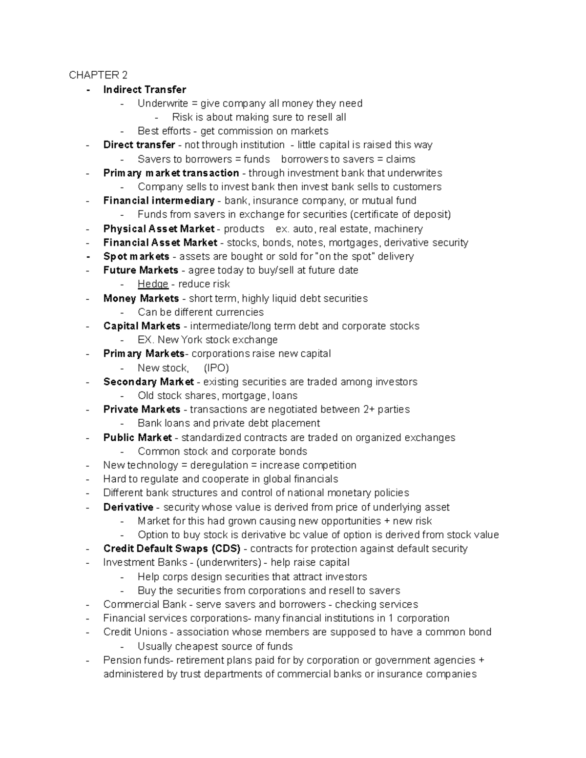 FIN 221 Chapter 2 Notes - CHAPTER 2 Indirect Transfer Underwrite = give ...