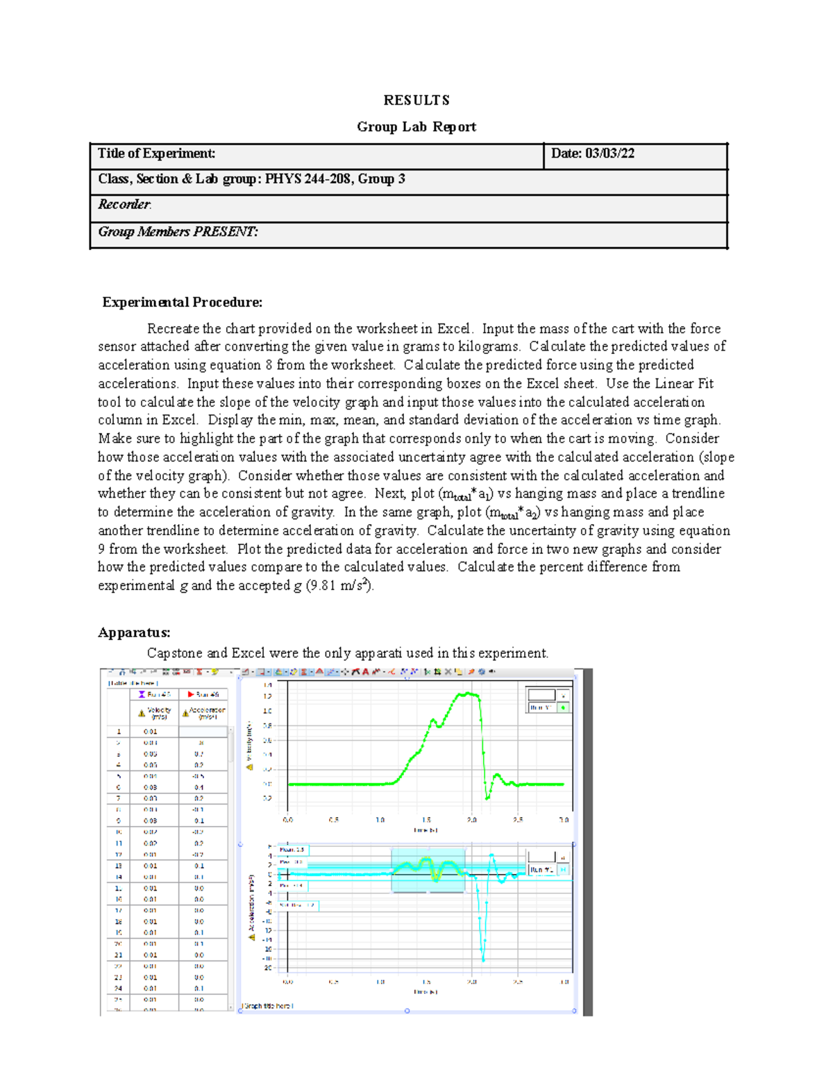 Physics Report Lab 6 - RESULTS Group Lab Report Title of Experiment ...