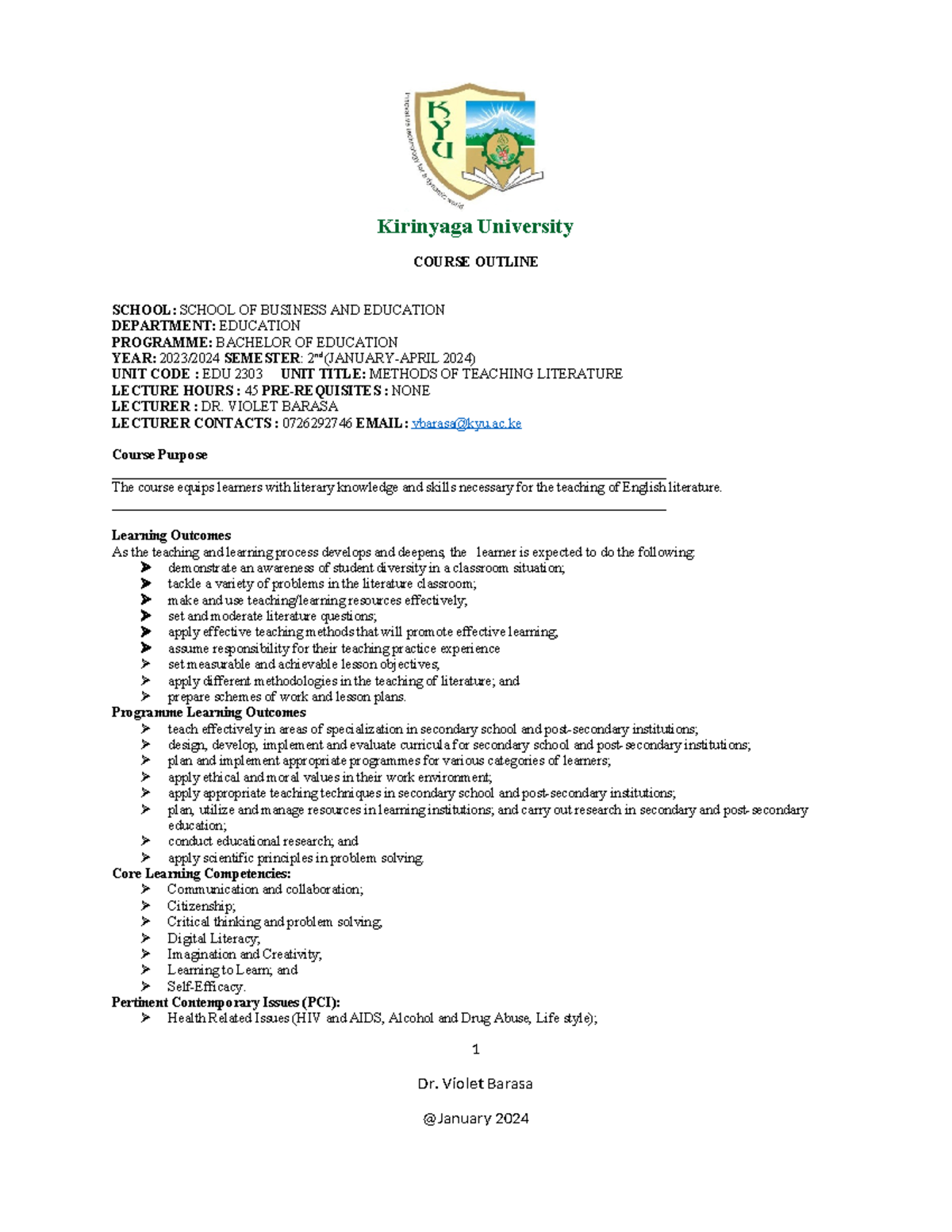 Methods of Teaching Literature KYU January 2024 Course Outline ...