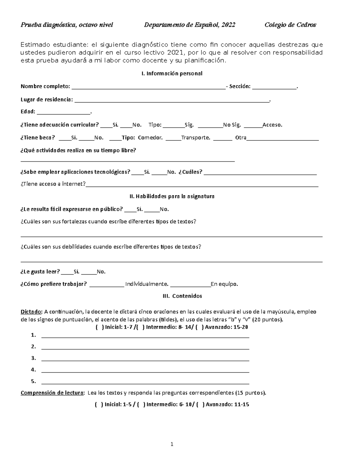 Diagnóstico 8º 2022 - Diagnóstico de habilidades para el curso de ...
