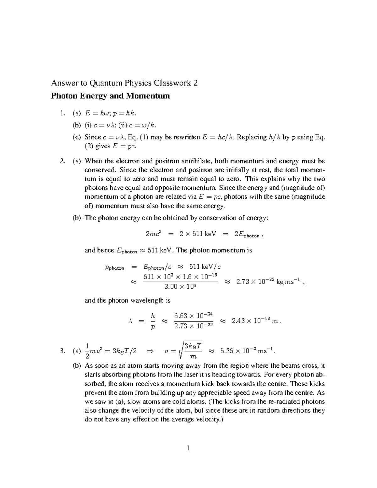 Quantum Physics 2010-2011 Classwork 2 - Solutions - Answer to Quantum ...