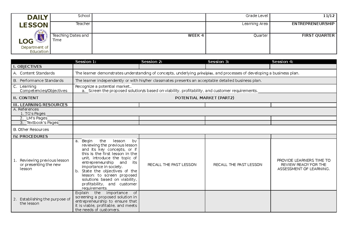 Entrep Q1 WEEK4 - none - DAILY LESSON LOG Department of Education ...