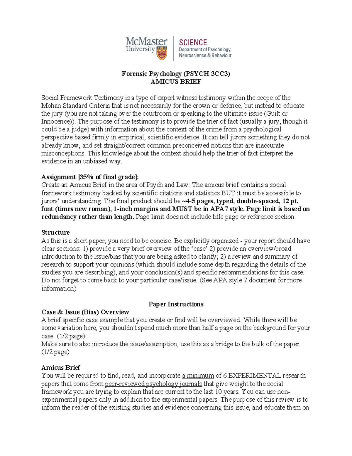 Amicus Brief Instructions - Forensic Psychology (PSYCH 3CC3) AMICUS ...