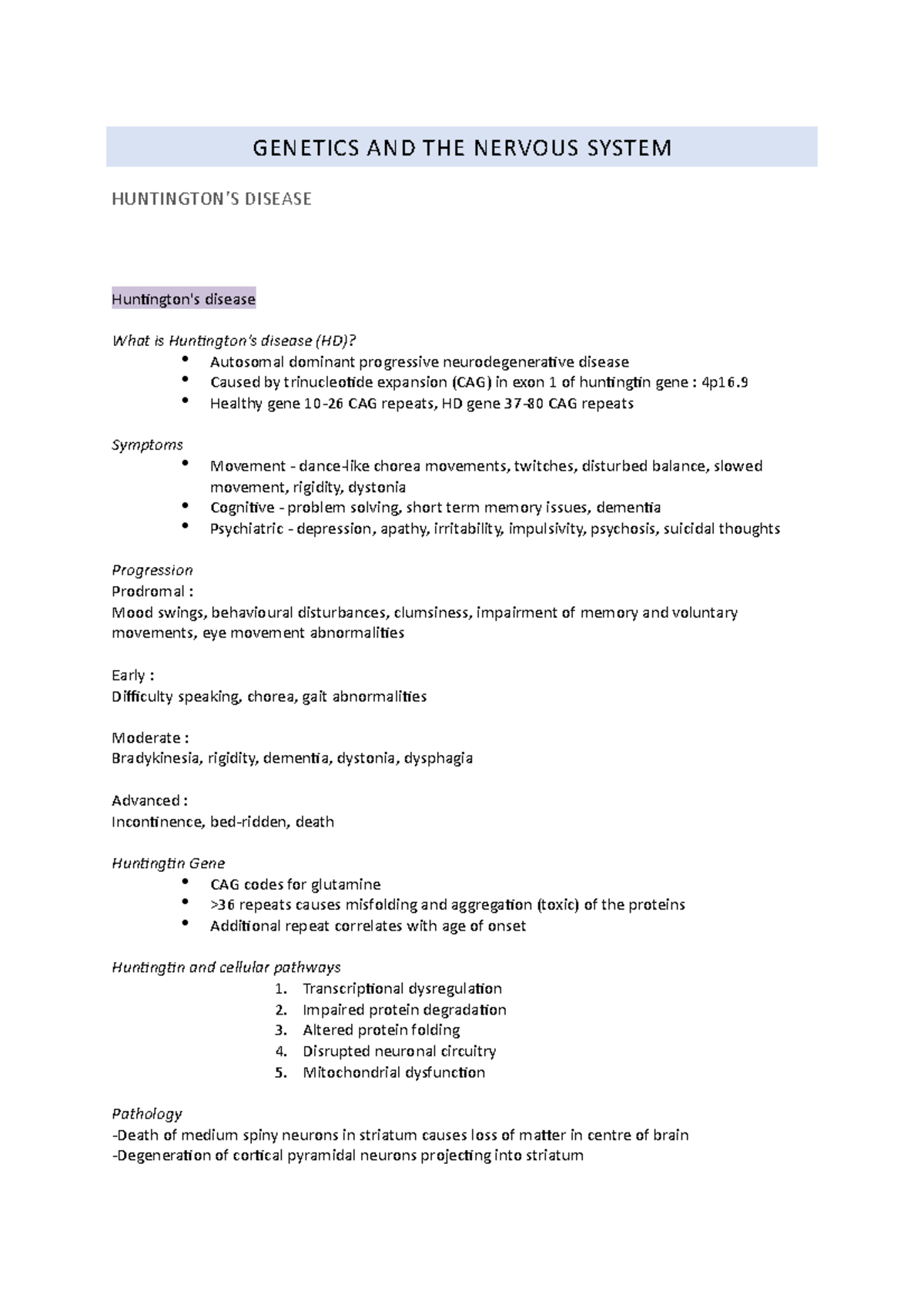 Huntington's Disease (Genetics and the Nervous System) - GENETICS AND ...