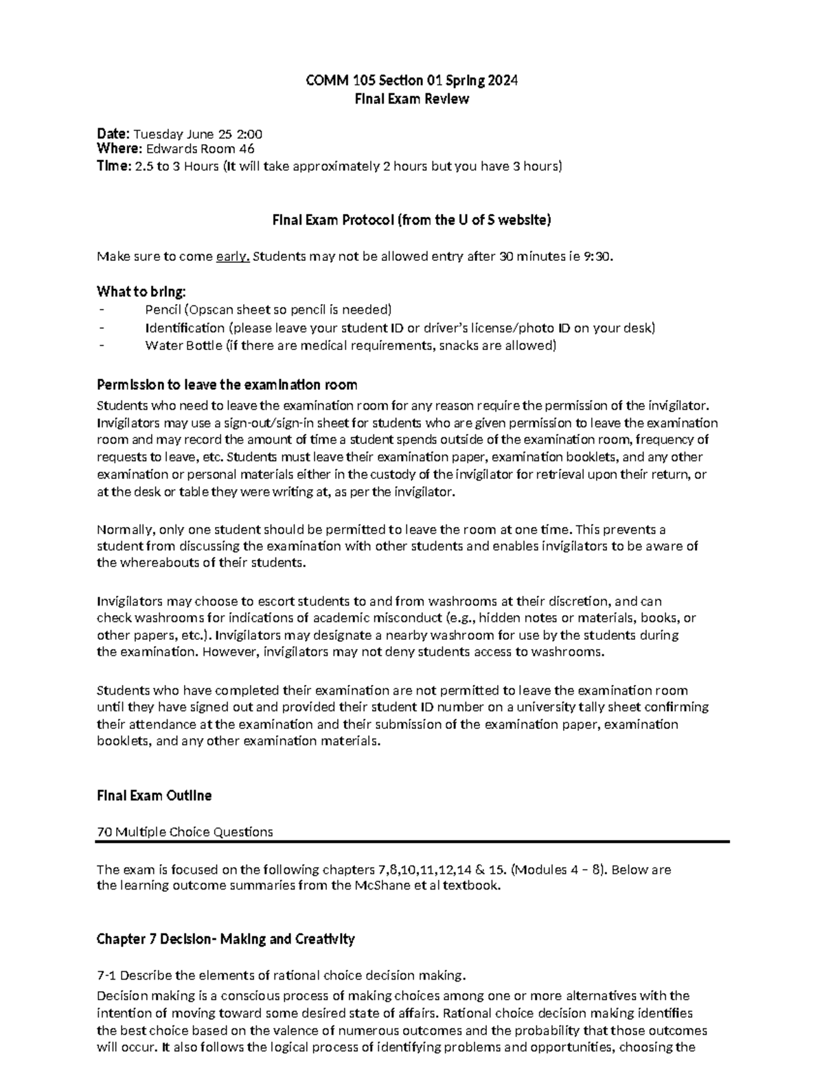 Final Review 2024-2 - COMM 105 Section 01 Spring 2024 Final Exam Review ...