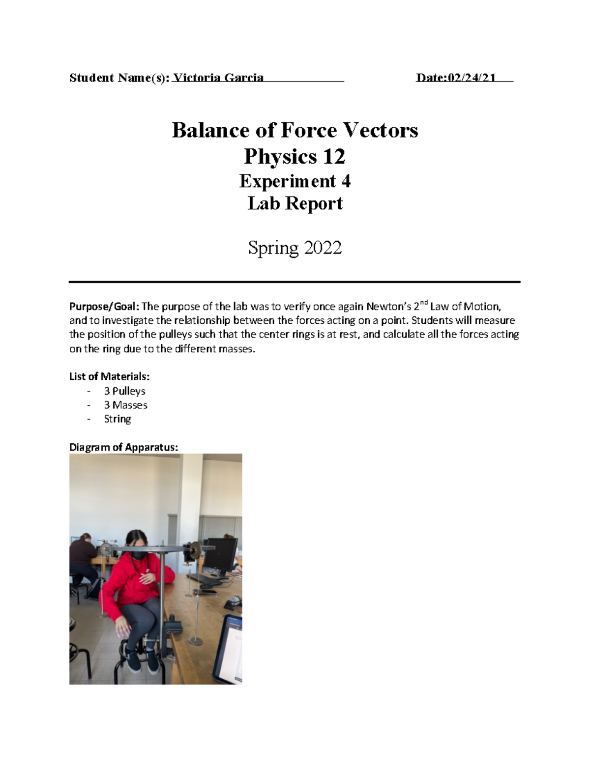 Introduction to Physics Lab - PHY012 - Experiment 4: Balance of Force ...