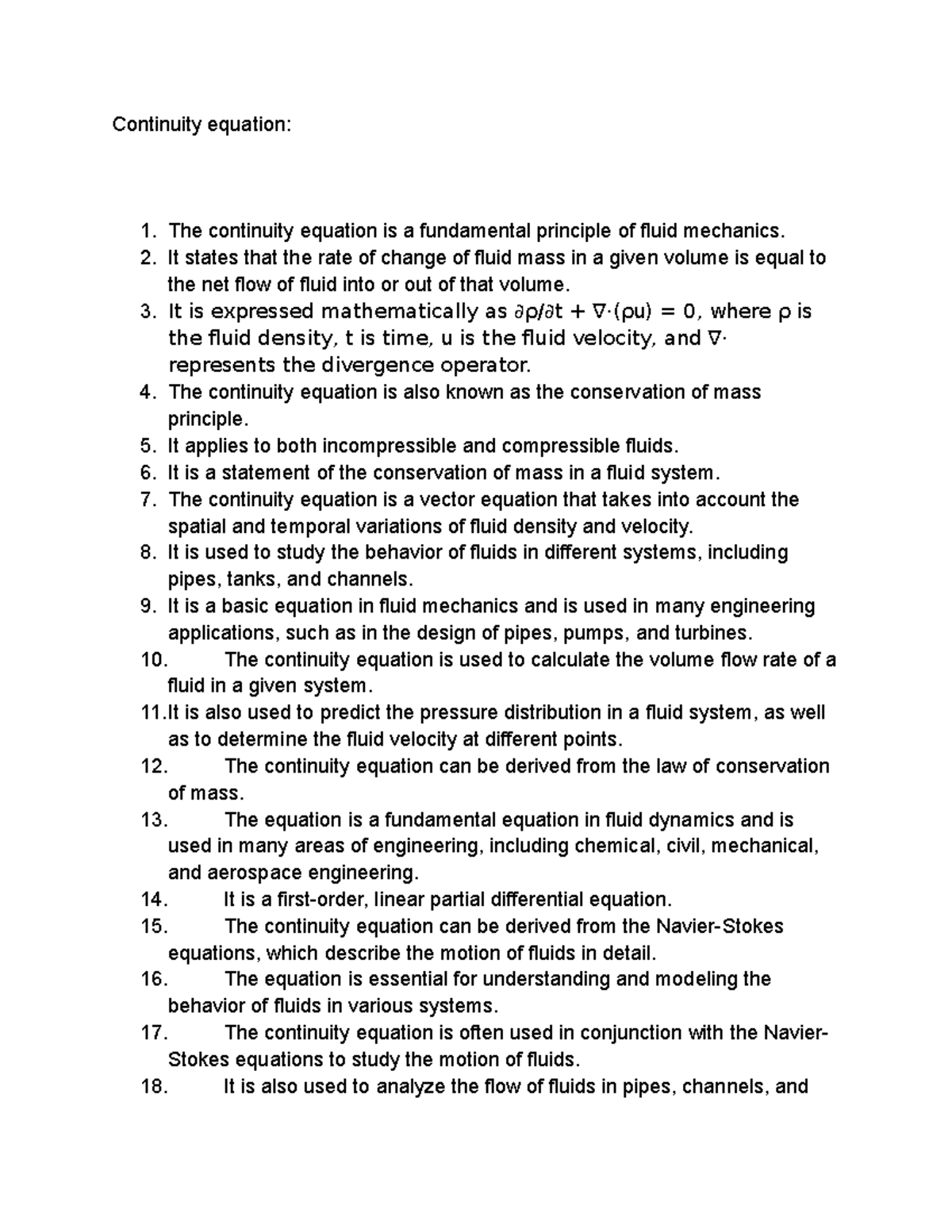 Continuity equation - It states that the rate of change of fluid mass ...