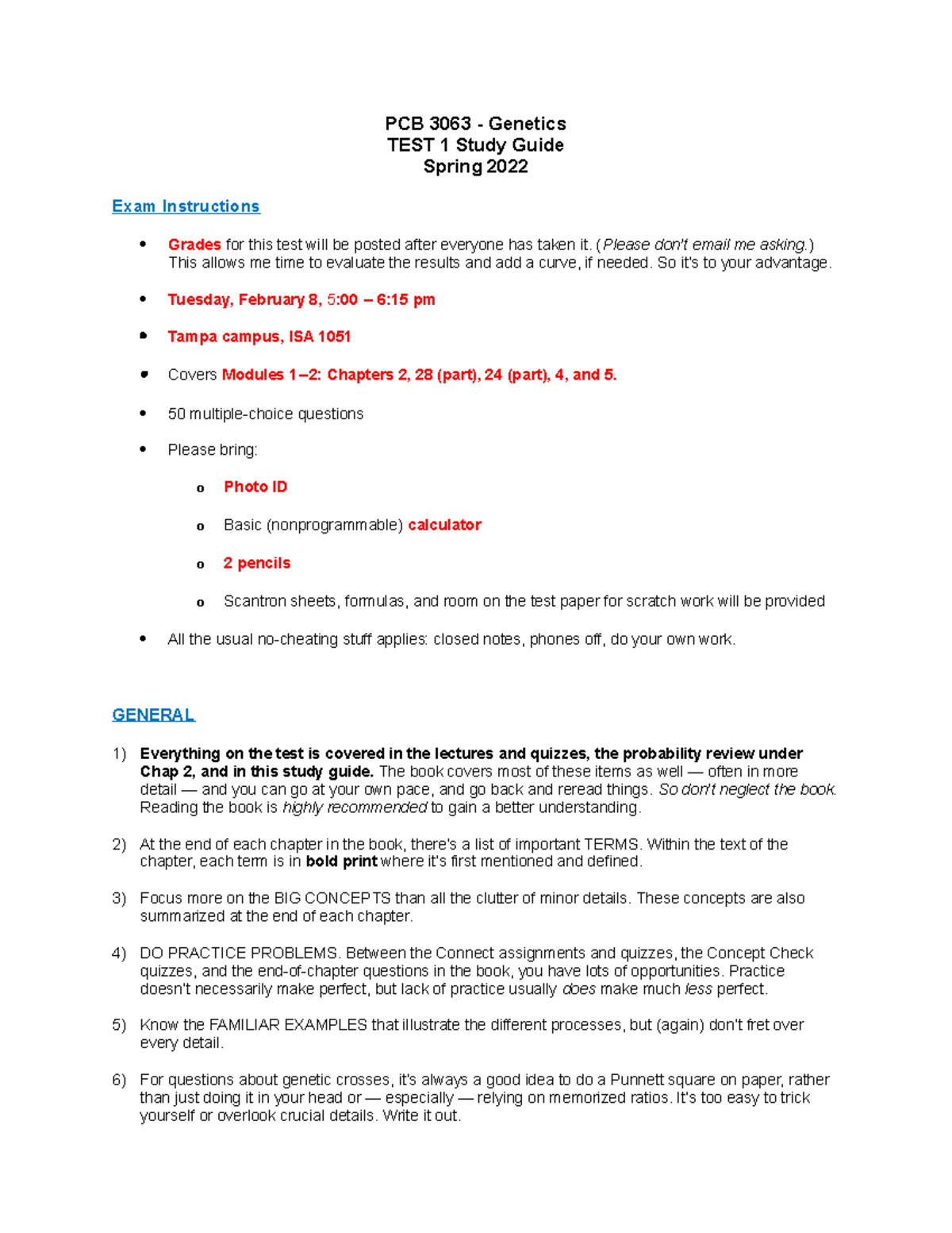 Genetics Test 1 Study Guide Sp22 Pcb3063 Usf Studocu