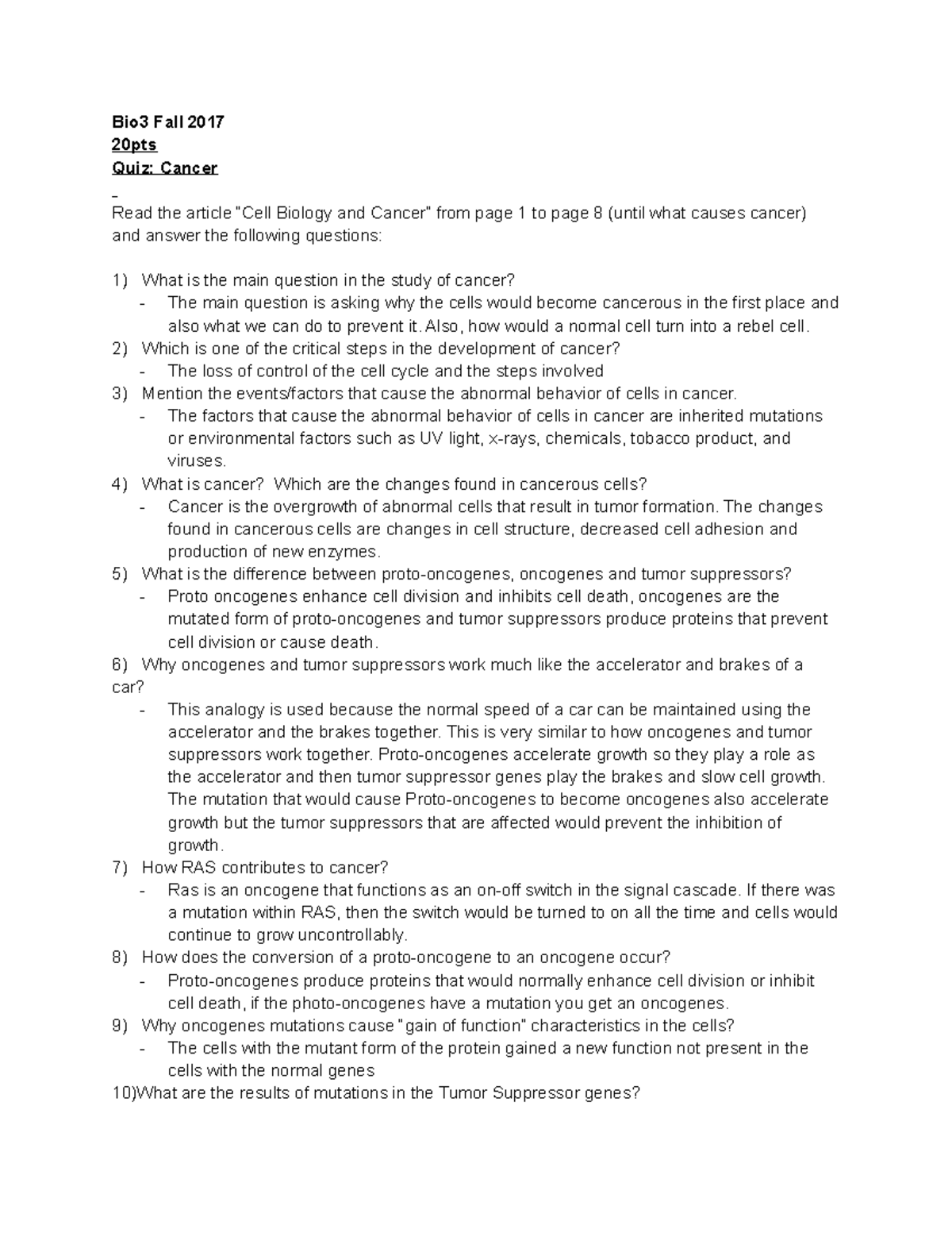 Cancer quiz - notes - Bio3 Fall 2017 20pts Quiz: Cancer Read the ...