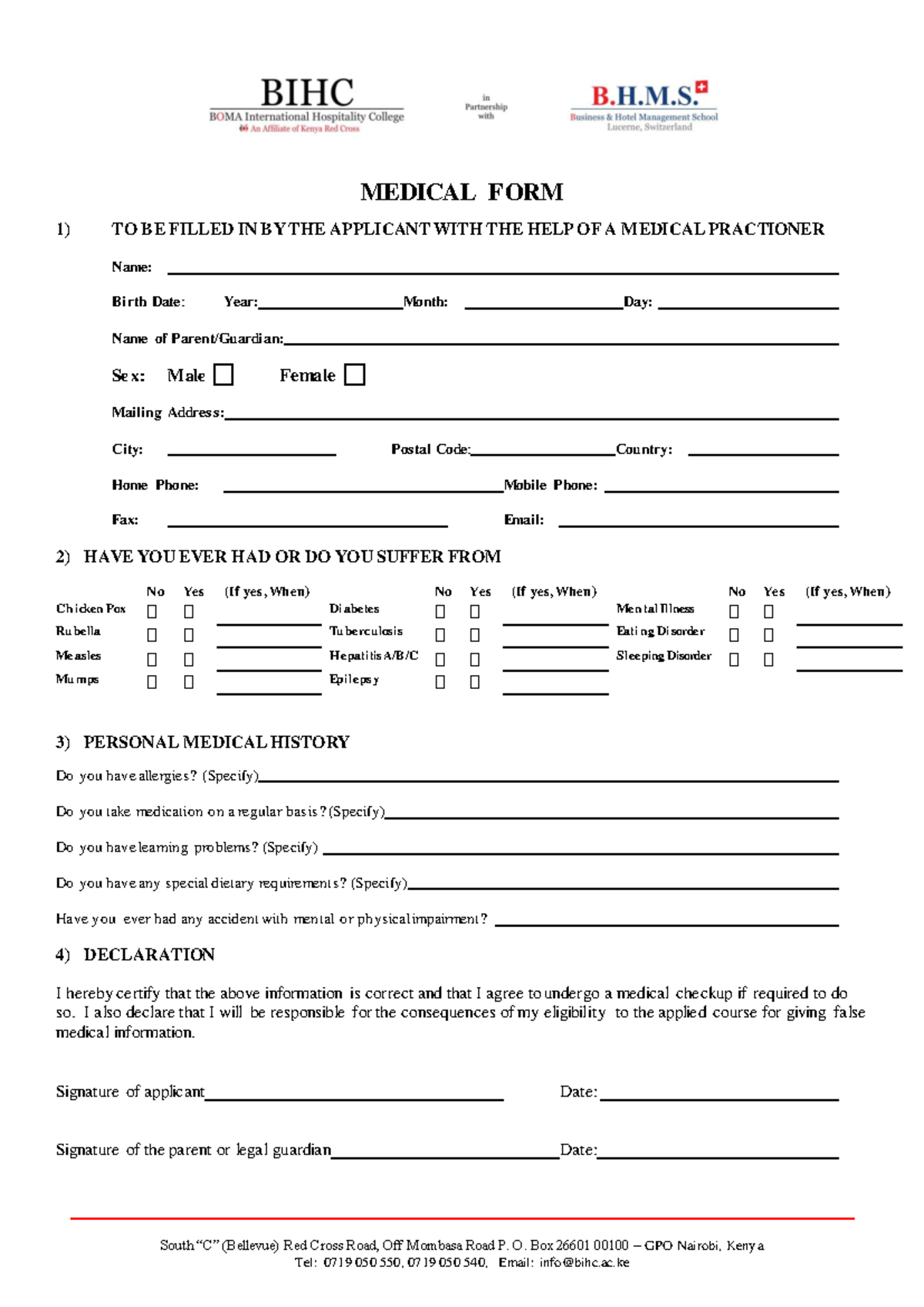 Medical form - student - South “C” (Bellevue) Red Cross Road, Off M ...