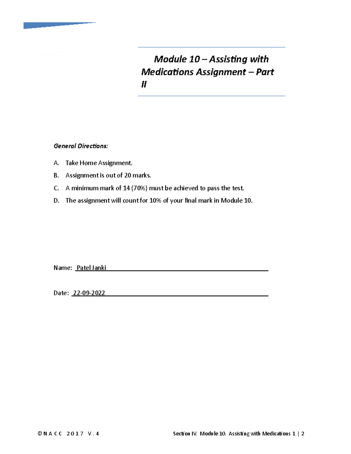 Module 10 Part 2 Individual Assignment Assisting with Medications - © N ...
