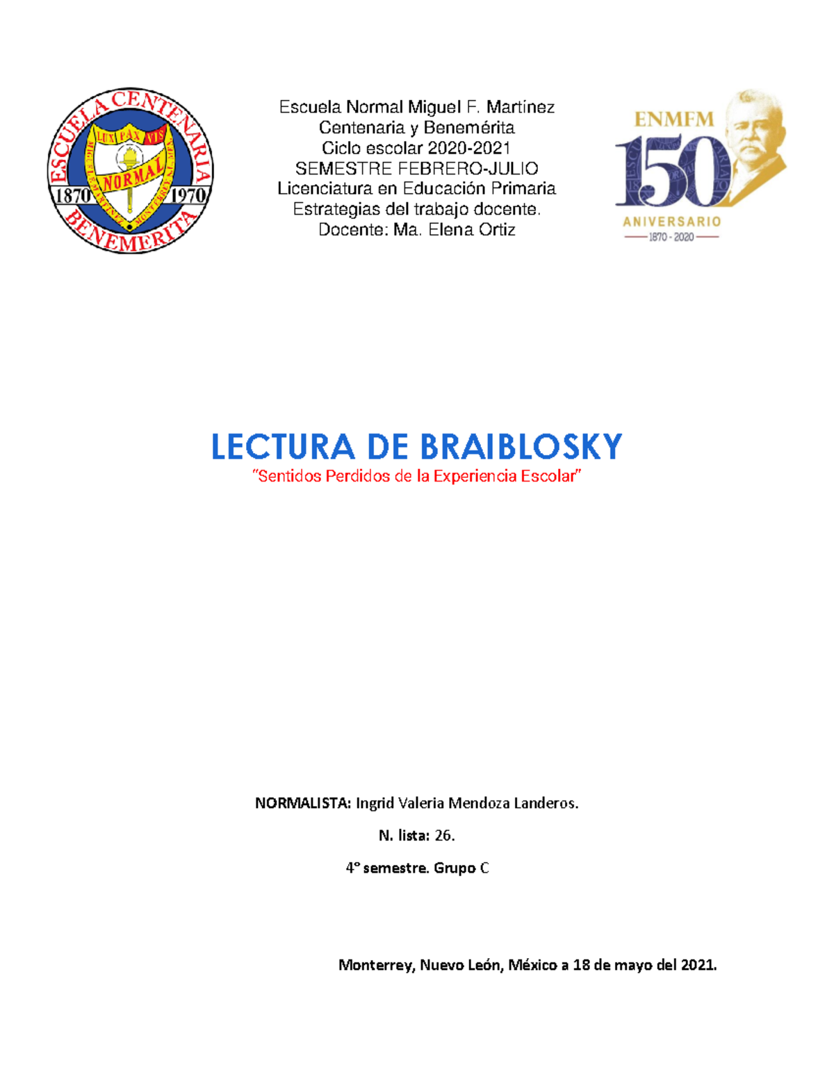 Lectura DE Braiblosky - Escuela Normal Miguel F. Martínez Centenaria y ...