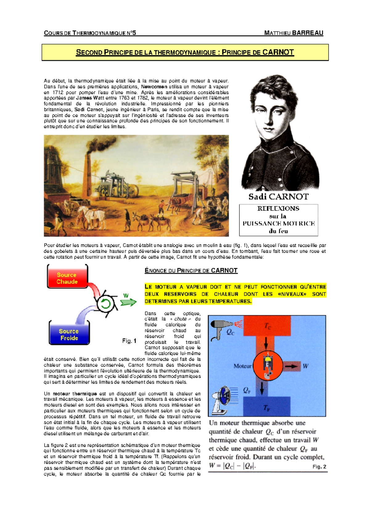 Carnot principe machine thermique, les transformations réversibles et ...