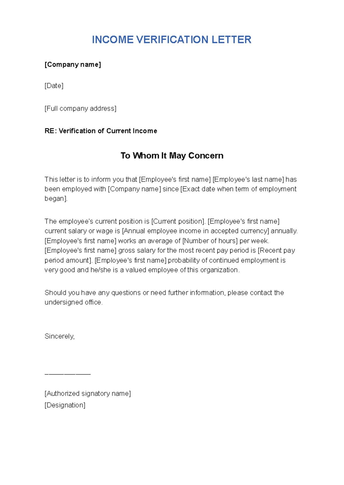 Income Verification Letter - INCOME VERIFICATION LETTER [Company name ...