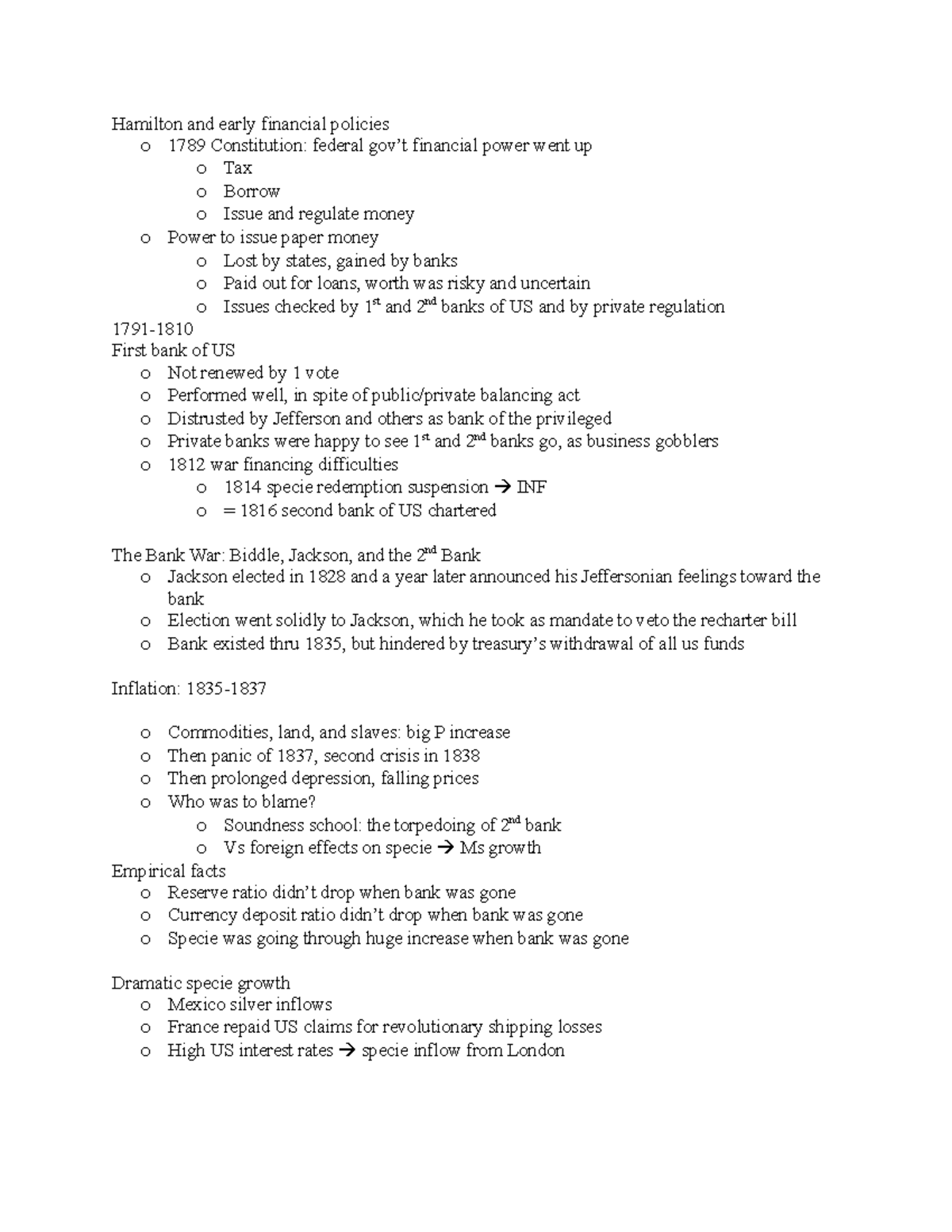 ECON 200- Test 2 Notes - Hamilton and early financial policies o 1789 ...