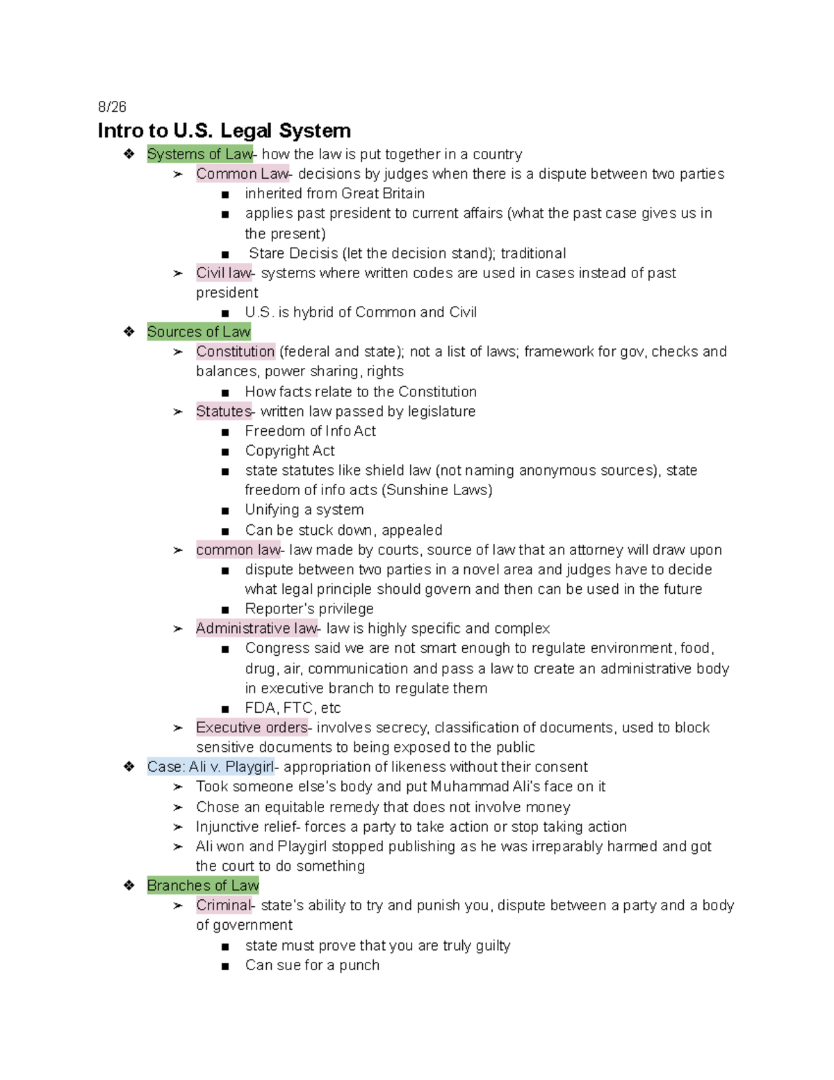 J4000 notes 8 26-10 15 - 8/ Intro to U. Legal System Systems of Law ...