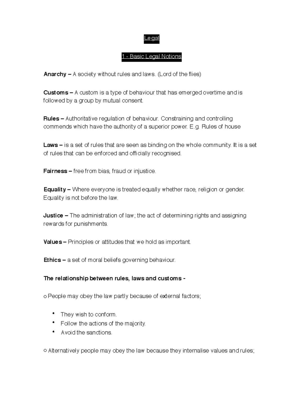 Legal Prelim Notes - Legal 1 - Basic Legal Notions Anarchy – A society ...