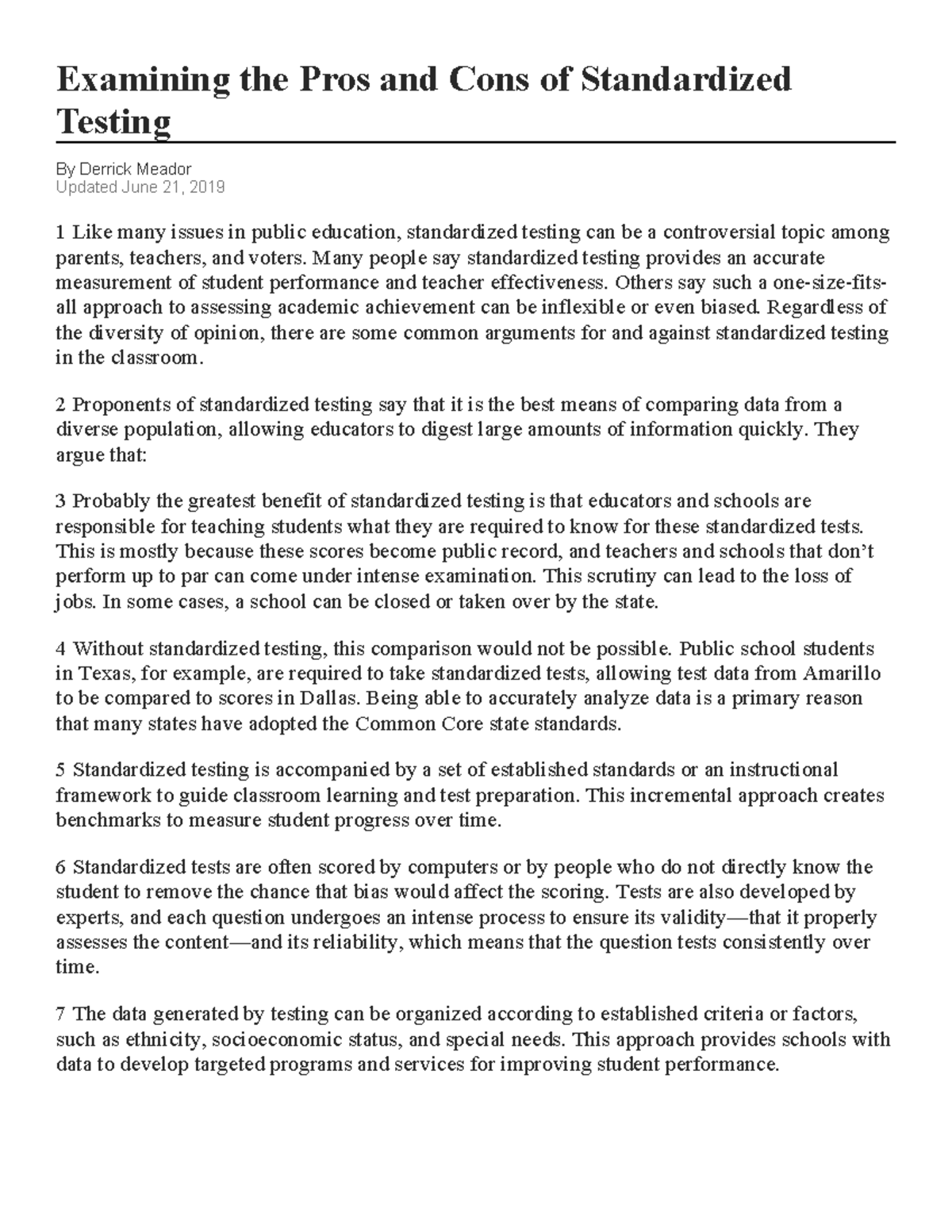 Examining Standardized Testing Article - Examining the Pros and Cons of ...