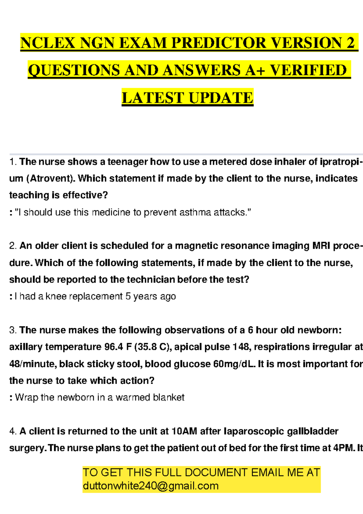 Nclex NGN EXAM Predictor Version 2 - 1 / 34 NCLEX NGN EXAM PREDICTOR ...