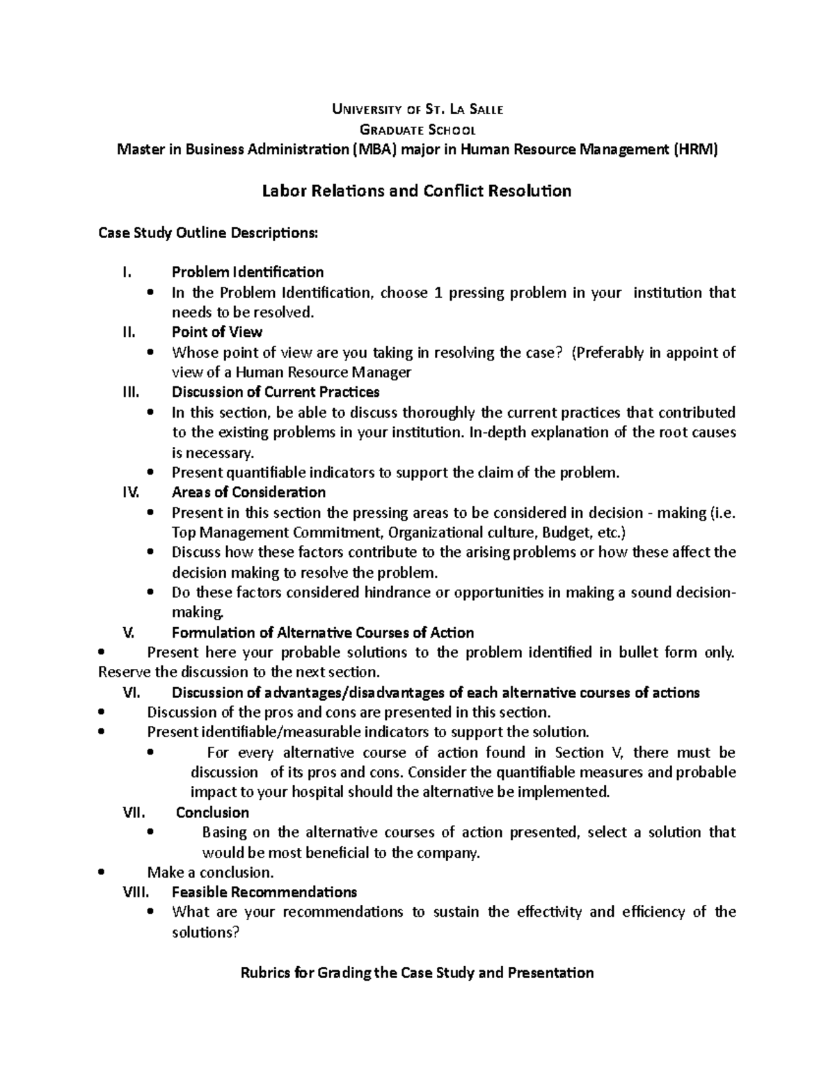 MBA-HRM Case Study Format and Rubrics - UNIVERSITY OF ST. LA SALLE ...