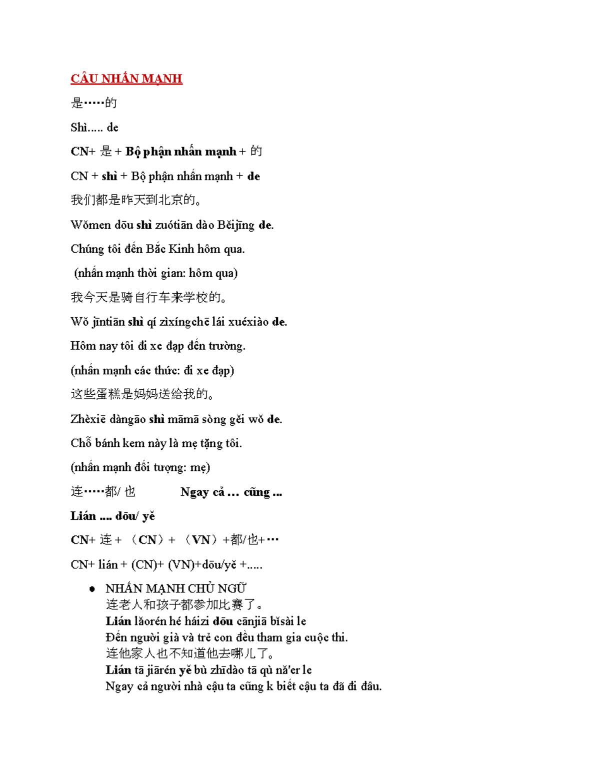 B·ªò 300 C·∫§U TR√öC TI·∫æ NG Trung D√ôNG TR·ªåN ƒê·ªúI - CÂU NHẤN MẠNH 是 ····· 的 Shì..... de ...