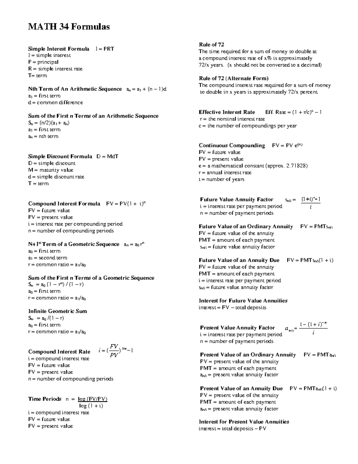 Formula Sheet - math 34 2022 math of money world campus - MATH 34 ...