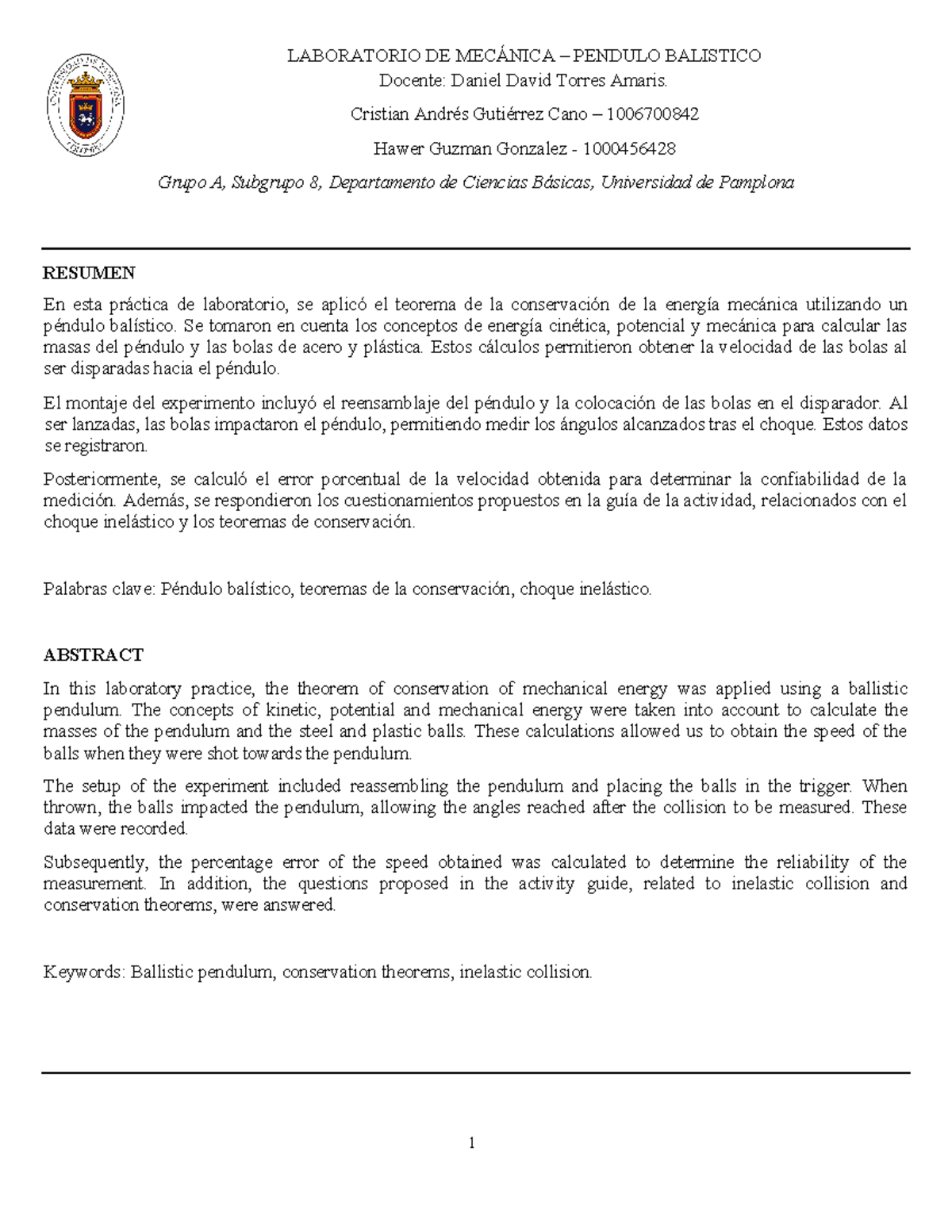 L. Mecanica, pendulo balistico, grupo 8 - LABORATORIO DE MECÁNICA ...