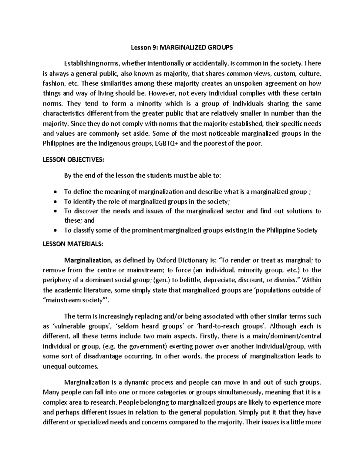Lesson 9 in Pol Gov - pup - Lesson 9: MARGINALIZED GROUPS Establishing ...