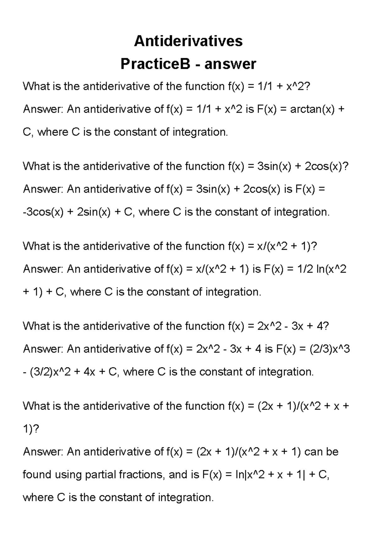 Antiderivatives Practice B - answer - Antiderivatives PracticeB ...