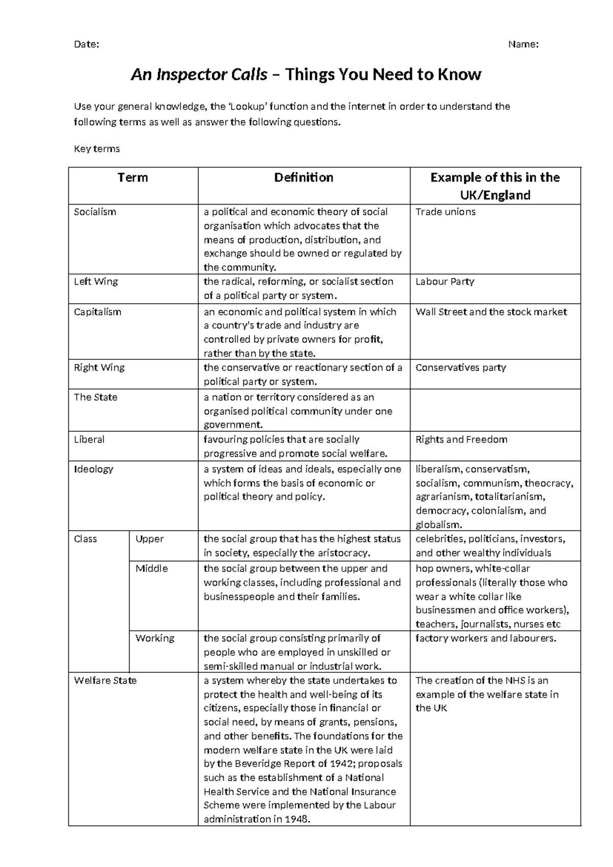 Context An Inspector Calls - Date: Name: An Inspector Calls – Things ...