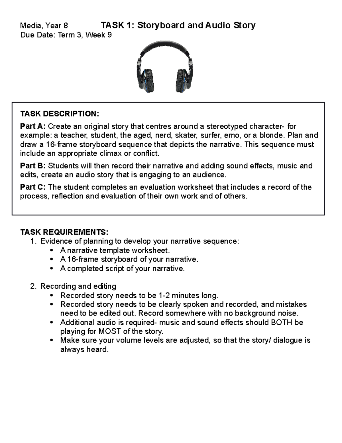 8M Task 1 Storyboard And Audio Story Media Year 8 TASK 1 Storyboard