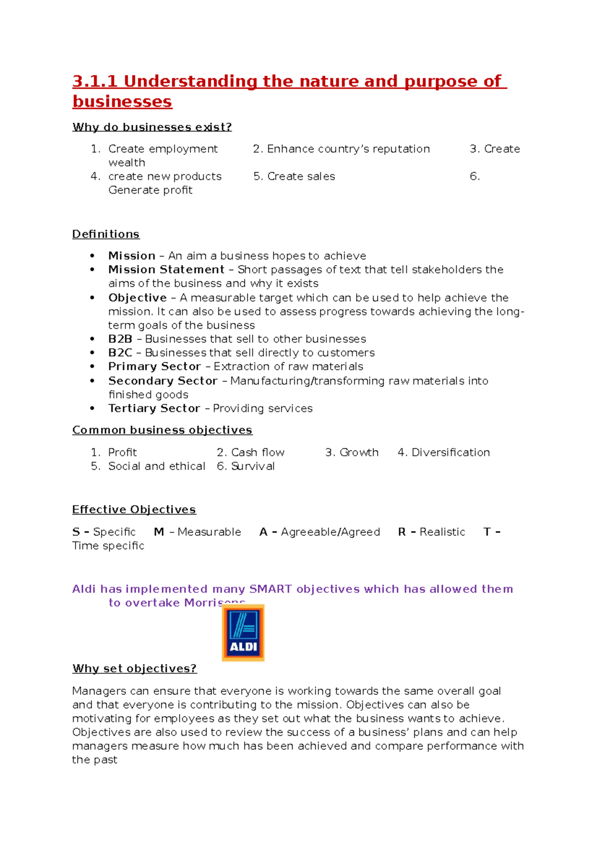 All 3.1 Notes - Aqa Business A level - 3.1 Understanding the nature and ...