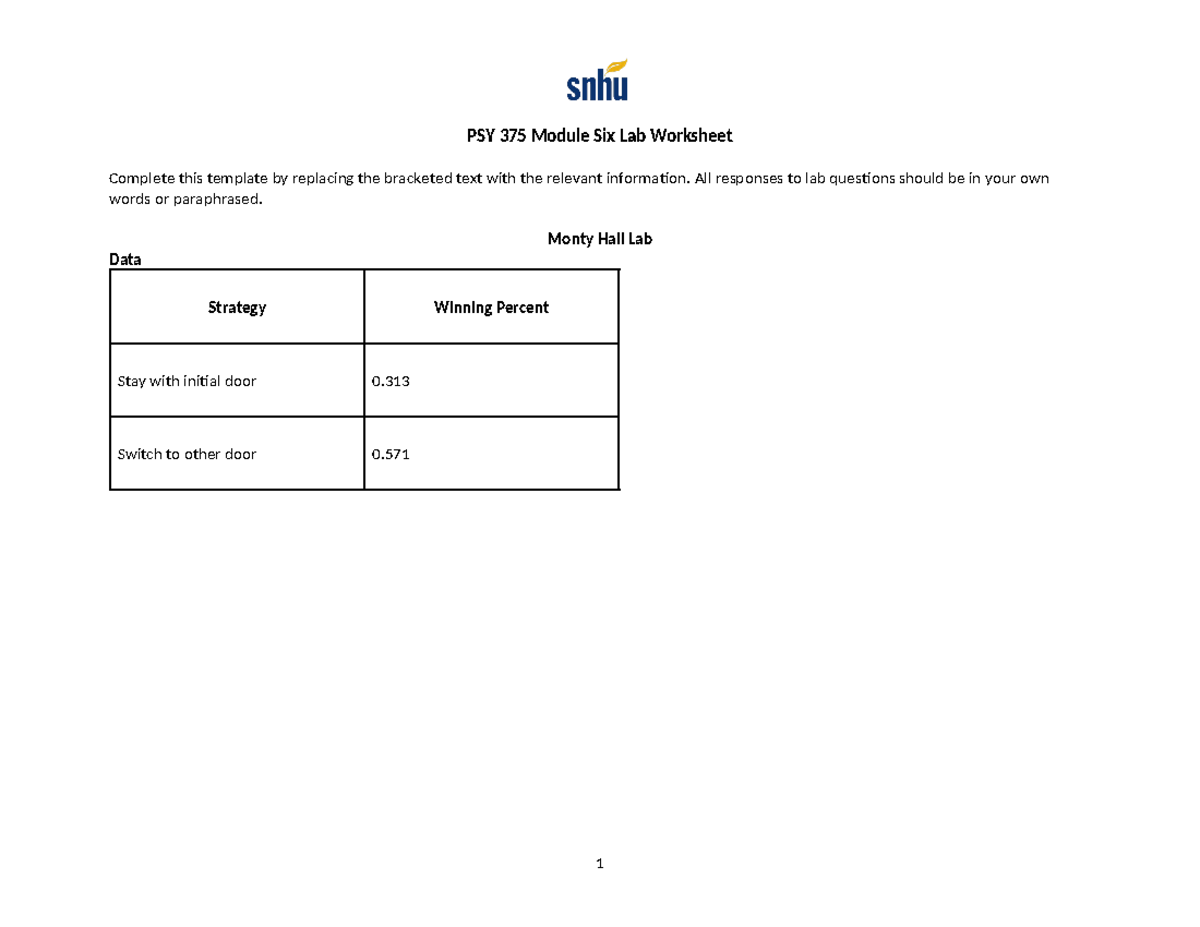 PSY 375 Module Six Lab Worksheet - PSY 375 Module Six Lab Worksheet ...