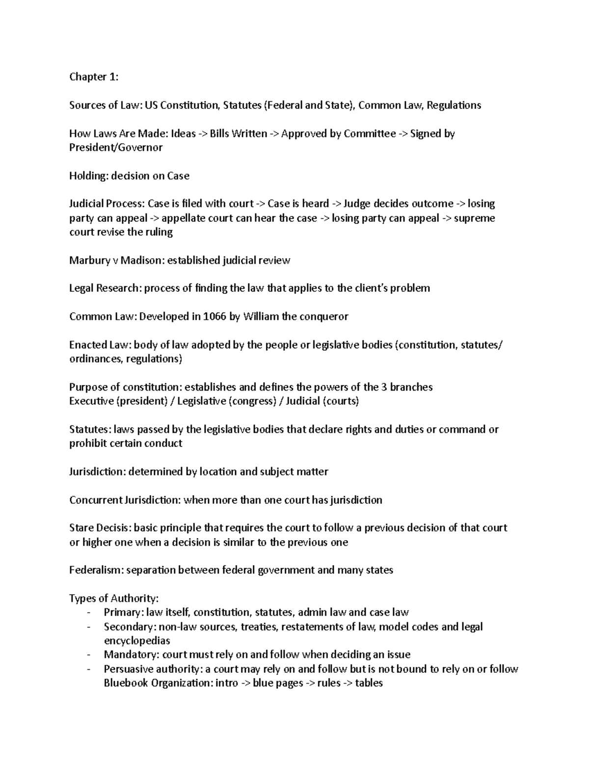 Legal research notes - Chapter 1: Sources of Law: US Constitution ...