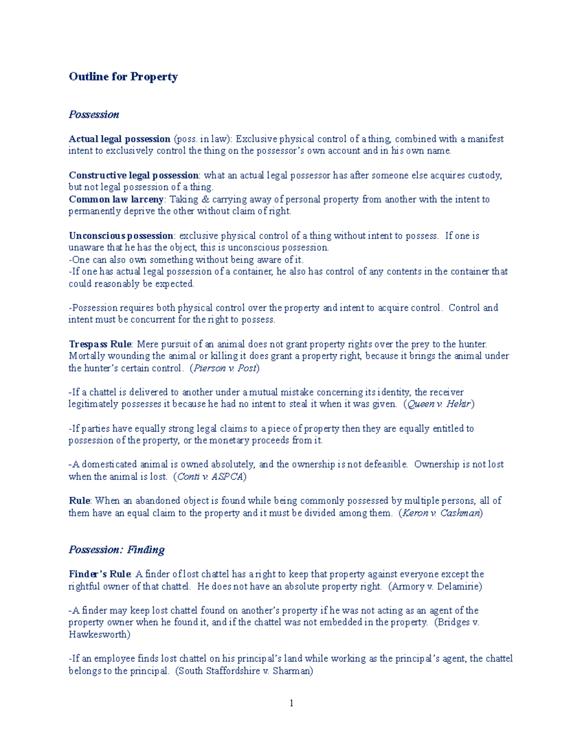 Property-Law-Notes - Lecture notes 5 - Outline for Property Possession ...
