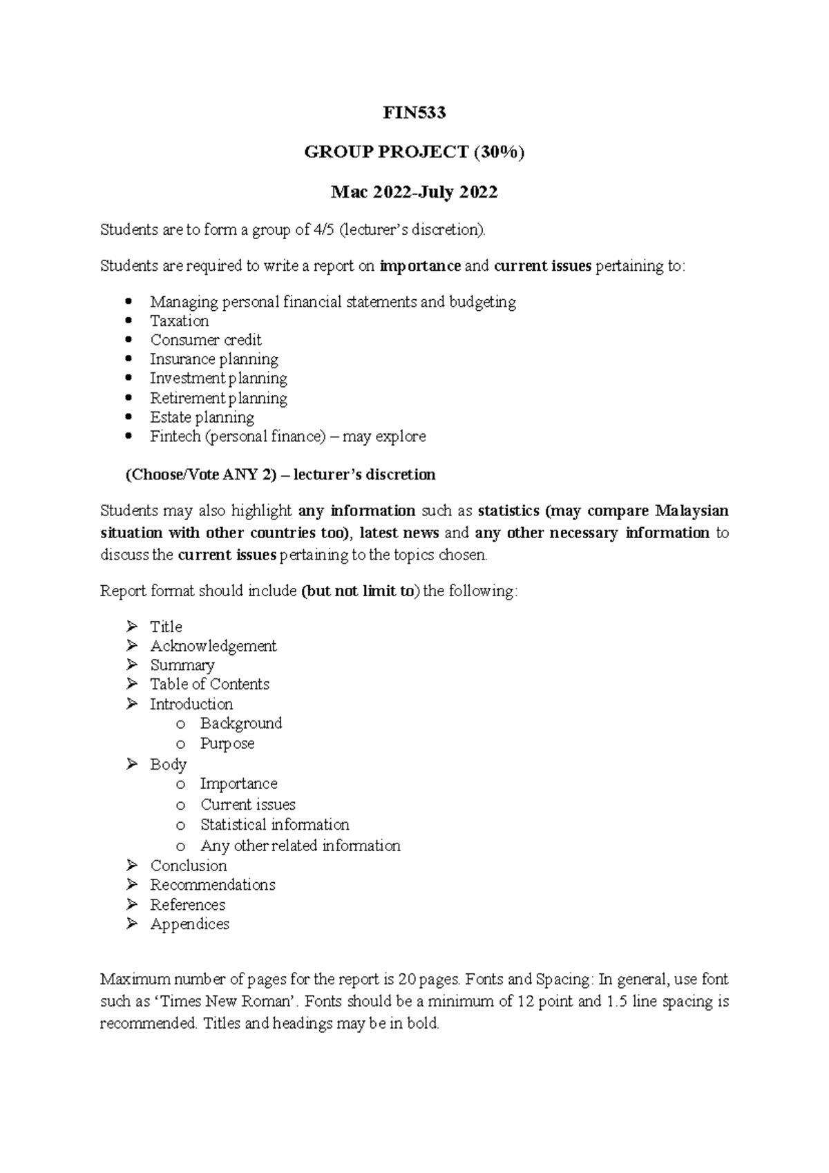 FIN533 Group Project March TO AUG 2022 - FIN GROUP PROJECT (30%) Mac ...