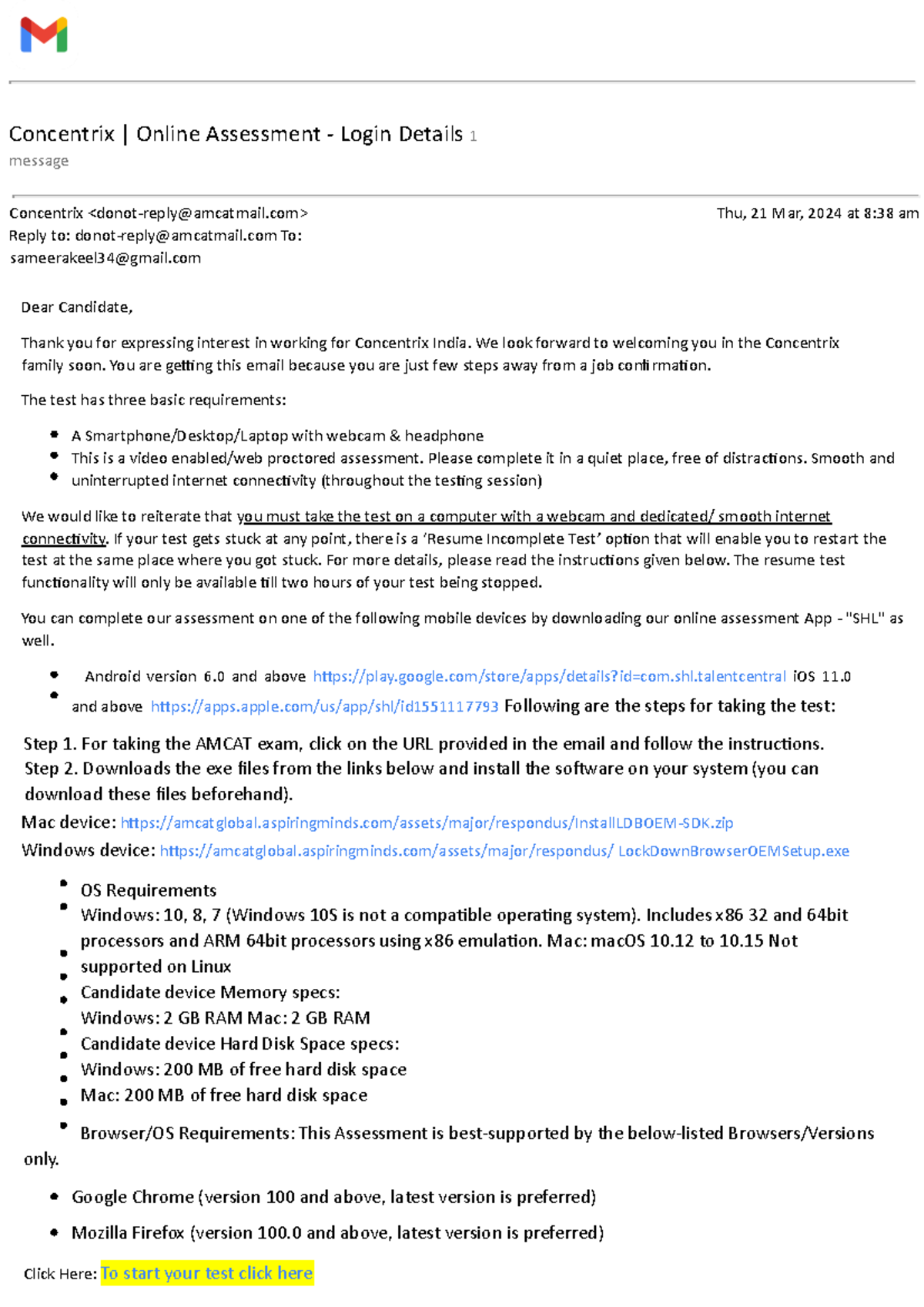 Thursday - Concentrix | Online Assessment - Login Details 1 message ...